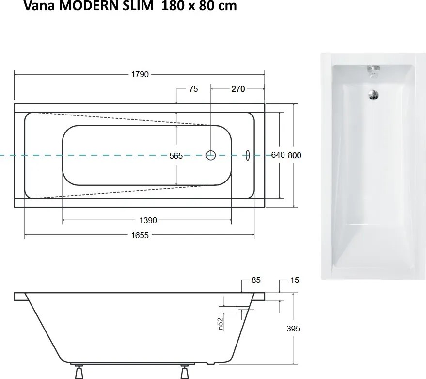 Besco Modern Slim obdélníková vana 180 x 80 cm akrylát bílá VANMOD18SLIM