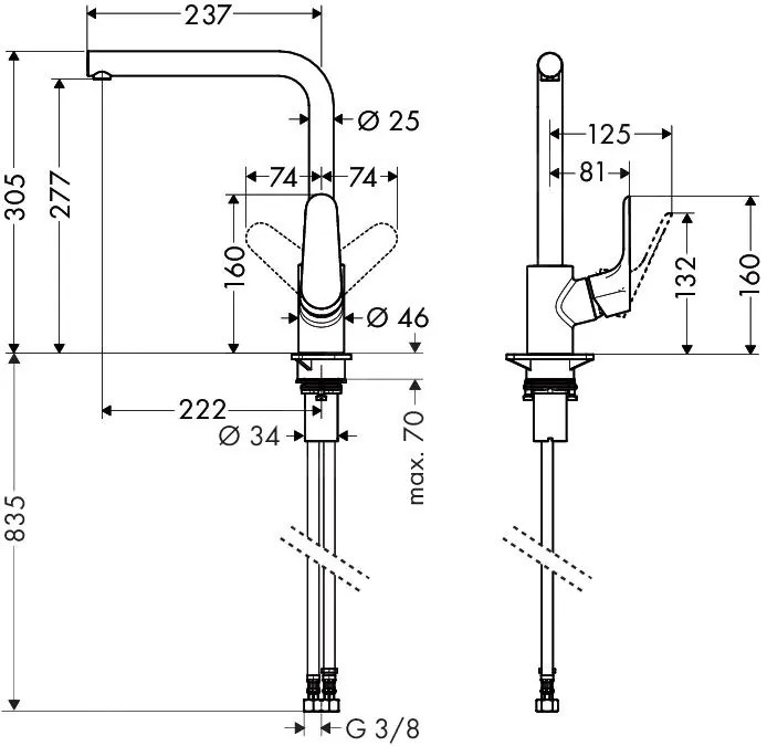 Hansgrohe Focus M41, páková dřezová baterie 280 s otočným výtokem, vzhled nerezu 31817800