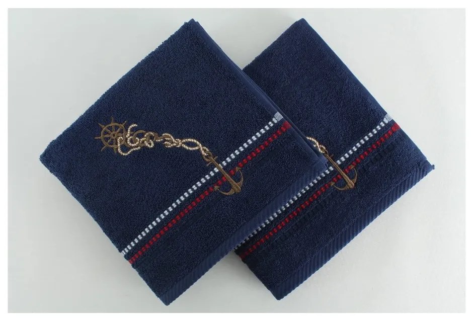 Sada 2 tmavě modrých bavlněných ručníků Marina, 50 x 90 cm