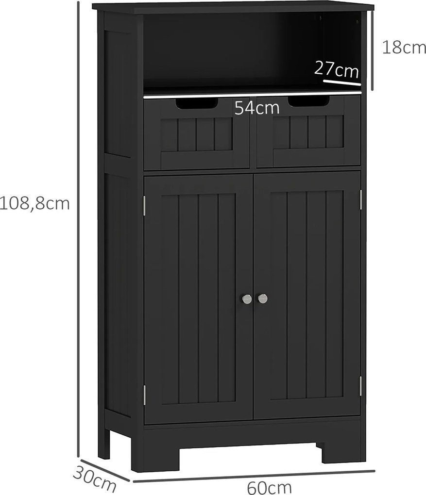 Kleankin Koupelnová Skříňka se 2 Zásuvkami, Niche, Skříň s Dveřmi, Nastavitelná Polička, Koupelnová Skříňka, 60 x 30 x 109 cm, Černá | Aosom