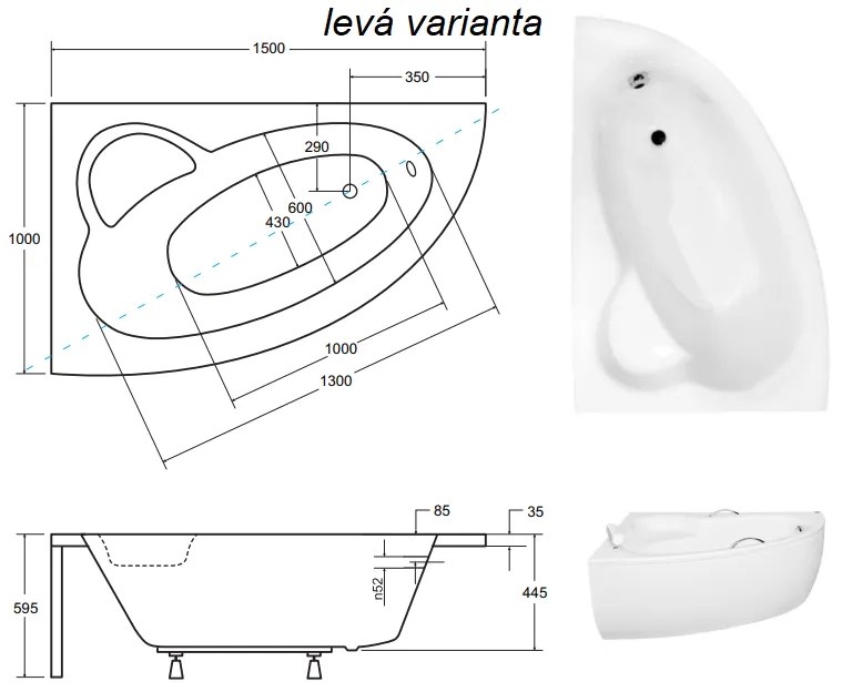 Besco Natalia Premium 150x100 akrylátová vana včetně podhlavníku a úchytů Délka vany: 150cm, Orientace: Levá
