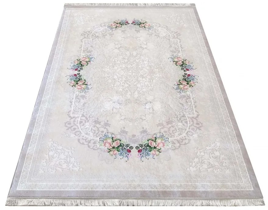 Protiskluzový koberec béžové barvy s jemnými květy Šířka: 60 cm | Délka: 100 cm