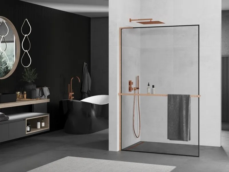Mexen Kioto+ L, sprchová zástěna Walk-In s poličkou a věšákem 120 x 200 cm, 8mm čiré sklo černý vzor, ​​měděný matný profil, 800-120-123-65-70