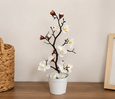 umělá květina, bonsai švestkového květu, plast, výška 28 cm, bílá, Dekorino UK20260003