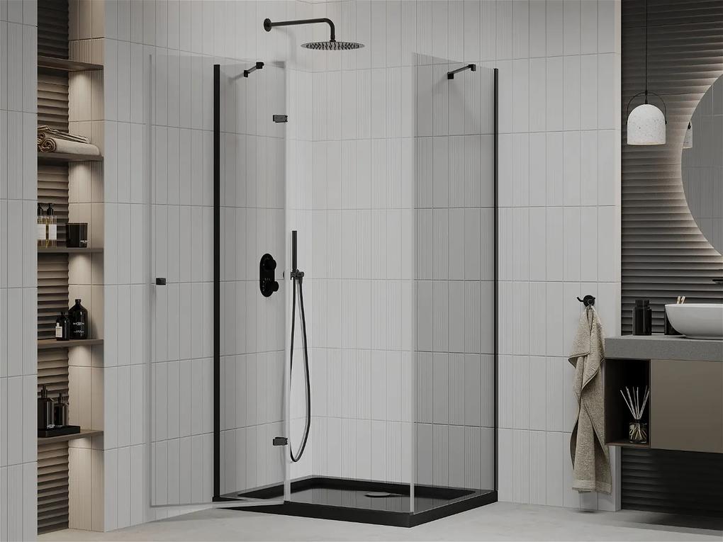 Mexen Roma, sprchový kout s 1-křídlými dveřmi 80 (dveře) x 100 (stěna) cm, 6mm čiré sklo, černý profil, slim sprchová vanička 5cm černá s černým sifonem, 854-080-100-70-00-4070B