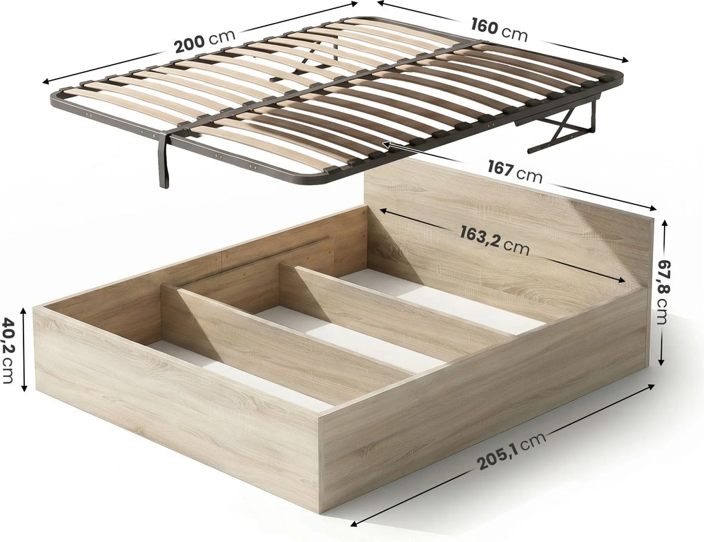 Dvoulůžková postel Trento 160x200 se zvedacím roštem dub Sonoma