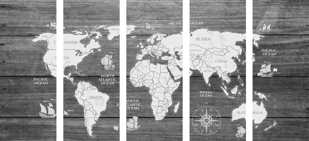 5-dílný obraz černobílá mapa na dřevě - 100x50 cm