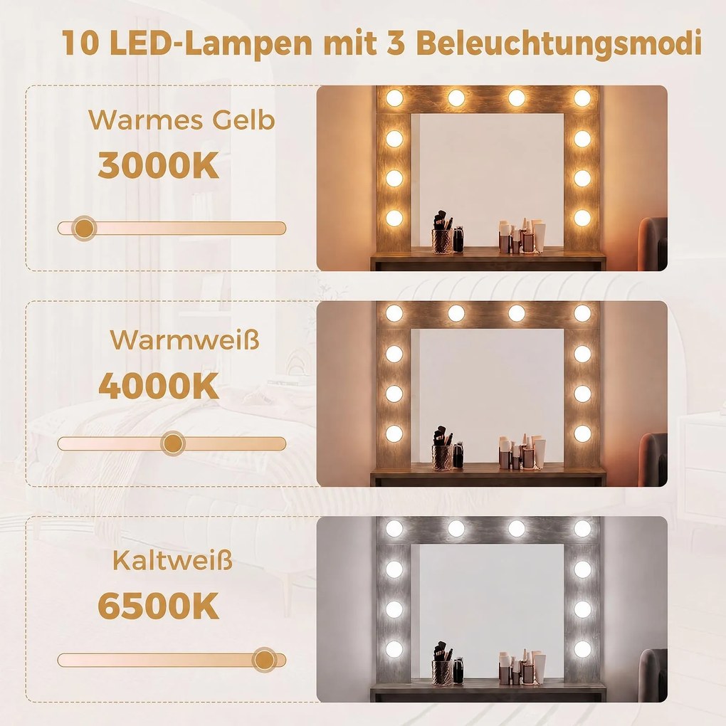 Costway Toaletní stolek s LED osvětlením Nastavitelný jas se zrcadlem Rustikálně