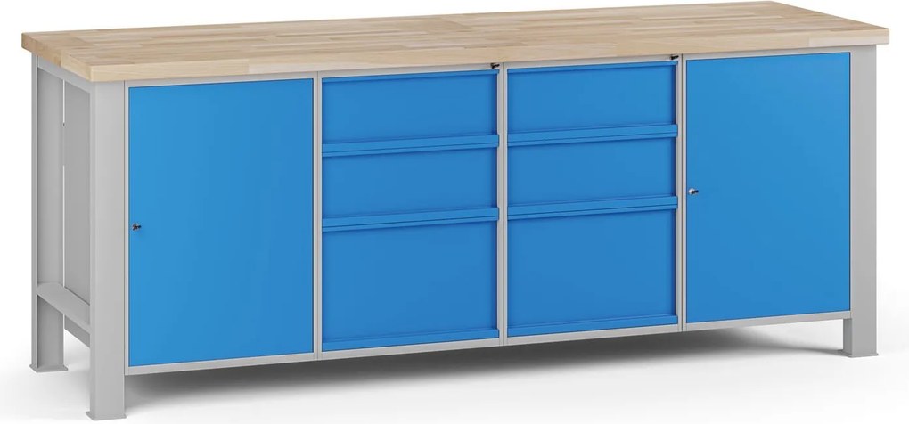 Dílenský pracovní stůl G7, buková spárovka, 2100 x 685 x 840 mm, 2x skříňka, 6 zásuvek, modrá