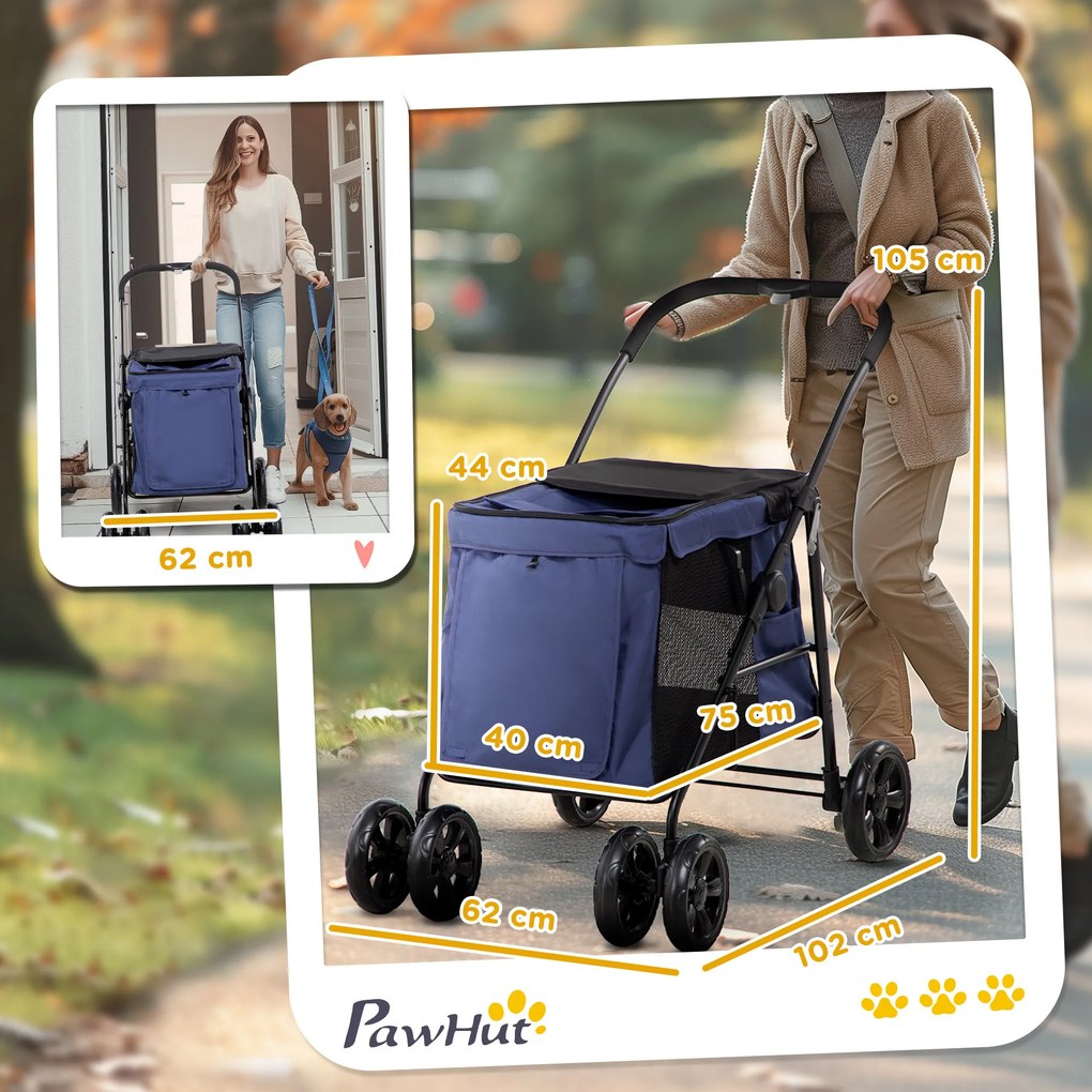 PawHut Vozík pro psy do 20 kg skládací polštář 3 boční kapsy 102 cm x 62 cm x 105 cm modrá