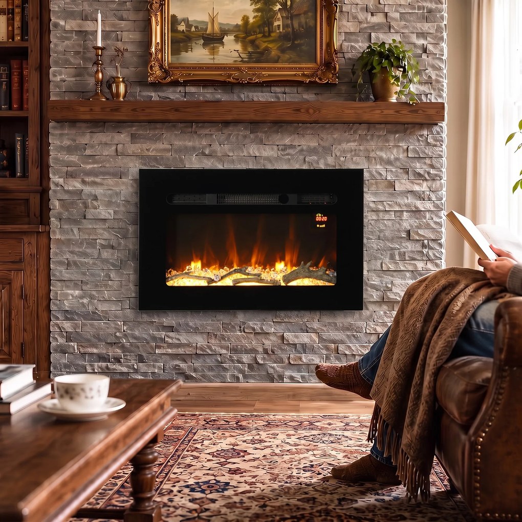 HOMCOM Elektrický krb 60 cm k zabudování nebo na stěnu, 1800W, 24hodinový časovač, nastavitelný plamen, krystaly
