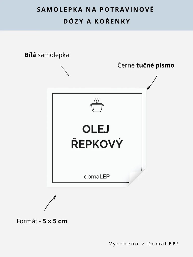 Samolepka na láhev OLEJ ŘEPKOVÝ – bílá, 5 x 5 cm, základní písmo