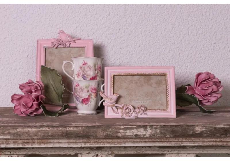 Vintage růžový fotorámeček s ptáčkem – 13x18 cm
