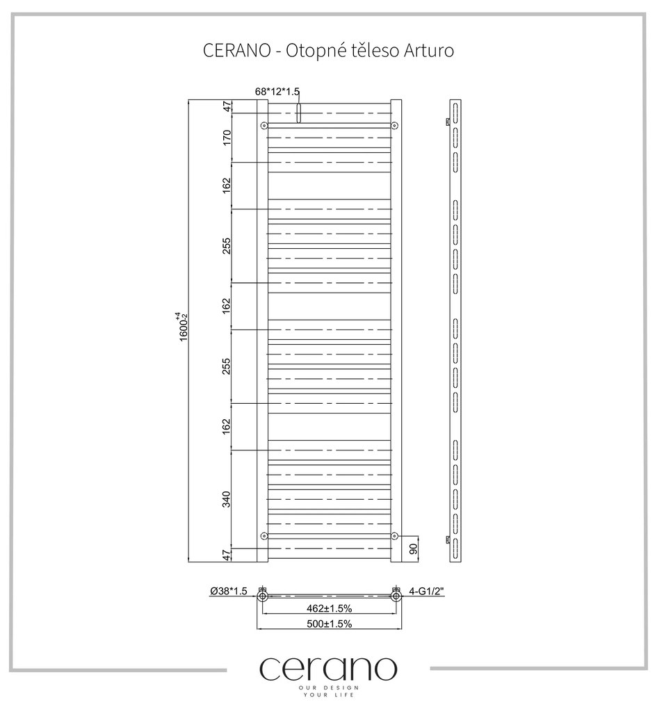CERANO - Topné těleso Cassandra - kombinovaný - 859W - černá matná - 1600x500 mm