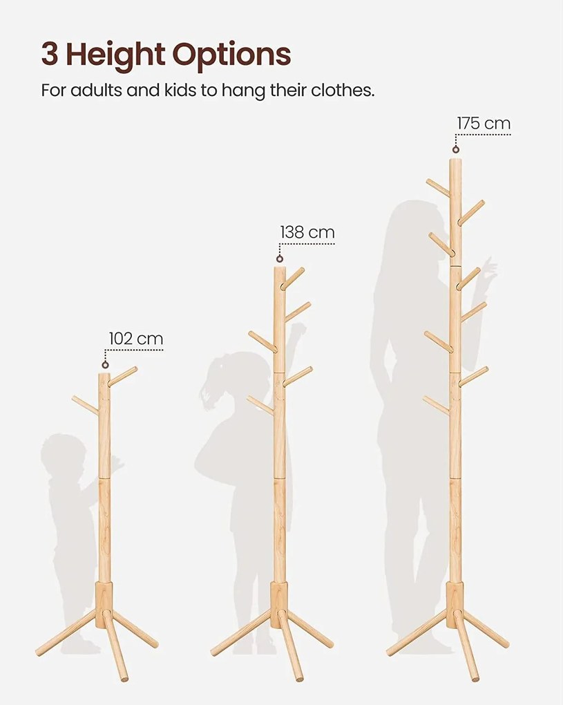 Masivní dřevěný stojan na kabáty s 8 háčky, 175 cm vysoký