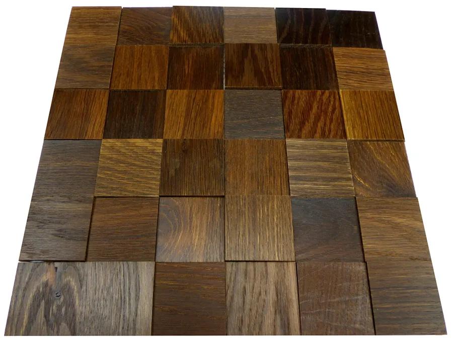 DUB TABÁK 50, jednotlivé kusy 50 x 50 mm (0,0025 m²) nebo samolepící panel 300 x 300 mm (0,09 m²) - dřevěná mozaika 3D NA SAMOLEPÍCÍM PODKLADU Broušený - olejovaný