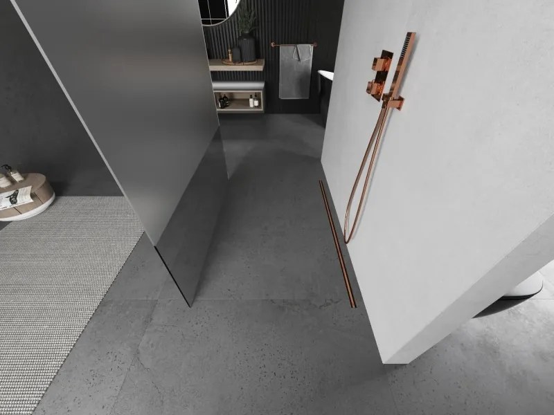 Mexen Kioto, sprchová zástěna Walk-In 140 x 200 cm, 8mm čiré sklo-námraza, měděný matný profil, 800-140-002-65-35