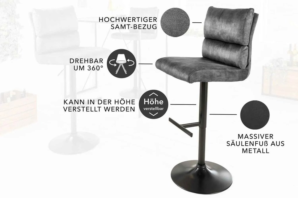 Designová barová otočná židle Frank tmavě šedý samet