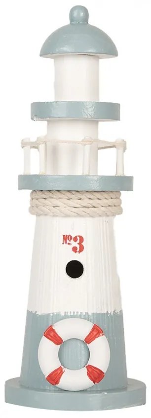 Bílo-modrá dřevěná dekorace maják Lighthouse Nautic - Ø 8*22 cm