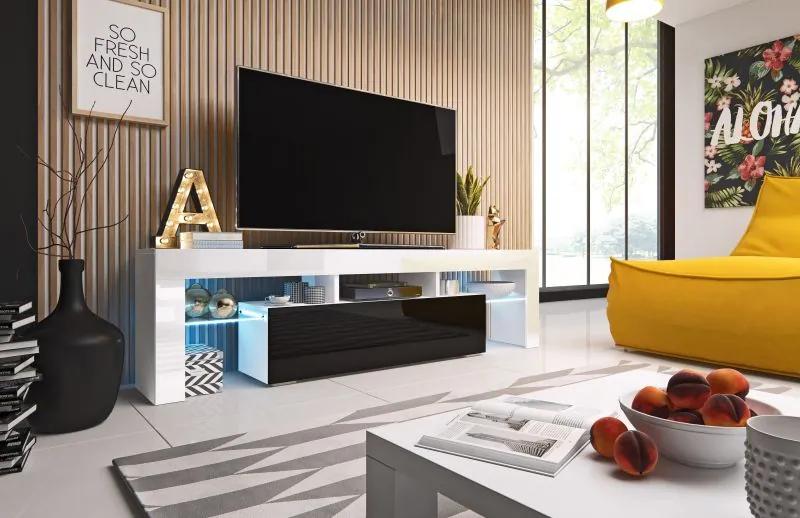 Moderní TV stolek Tropez 158cm, bílá/černý lesk