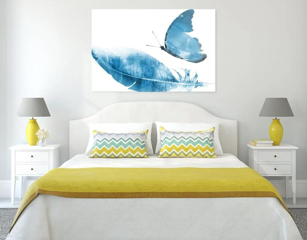 Obraz pírko s motýlem v modrém provedení - 120x80 cm