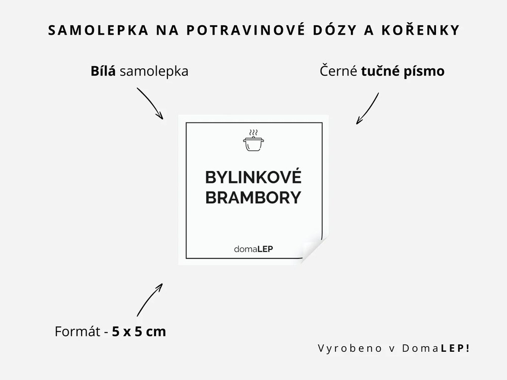 BYLINKOVÉ BRAMBORY - omyvatelná samolepka na kořenky, výběr rozměrů Ø 5 cm / 5 x 5 cm / 6 x 8 cm | DomaLEP tvar: ČTVEREC, barva: BÍLÁ - ČERNÉ písmo, velikost: š. 5 cm x v. 5 cm - tučné písmo