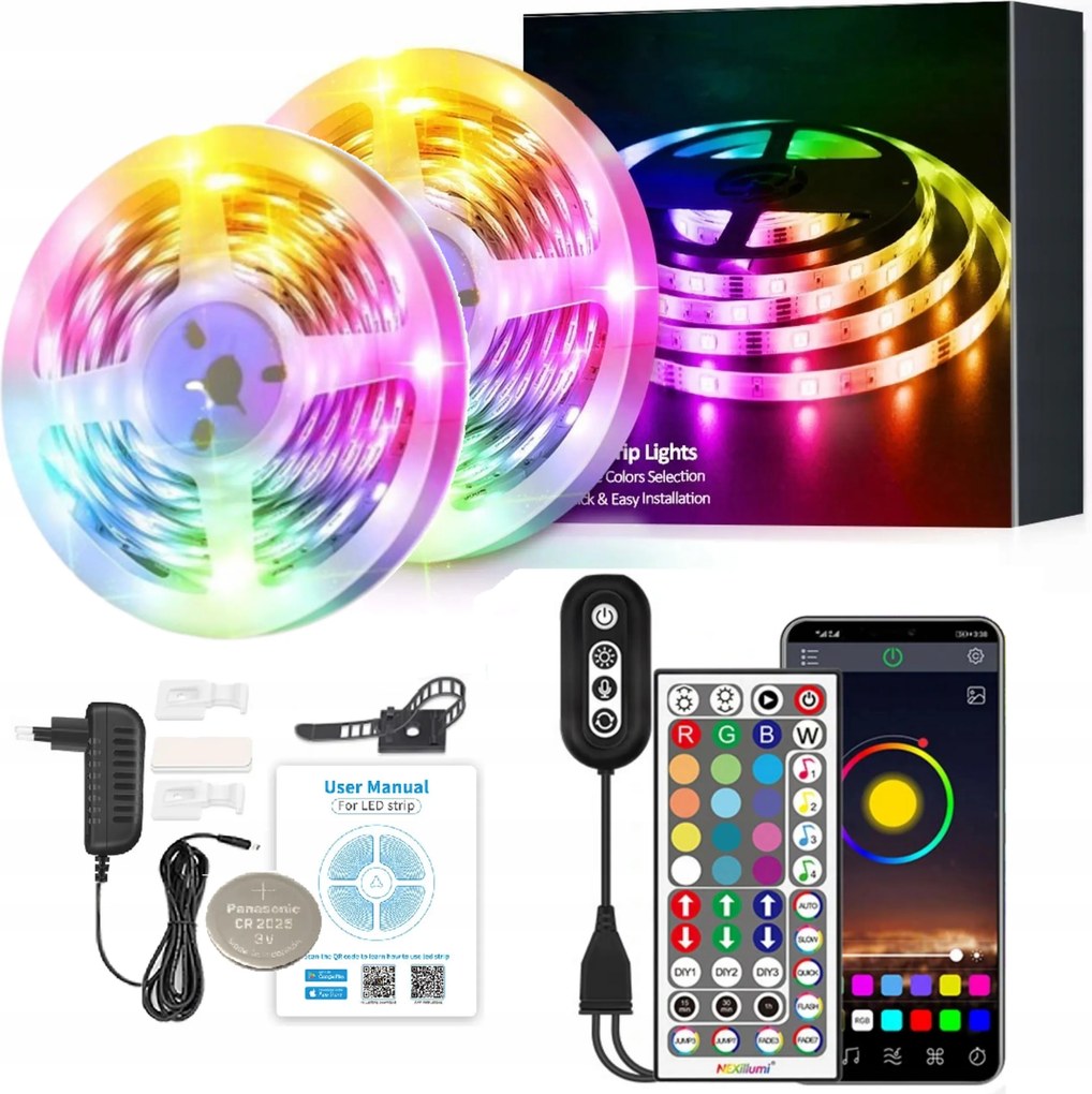 Led pásek Rgb 5050 Aplikace Bluetooth Dálkový Ovladač Napájecí adaptér Hudba Časovač 12V 12M