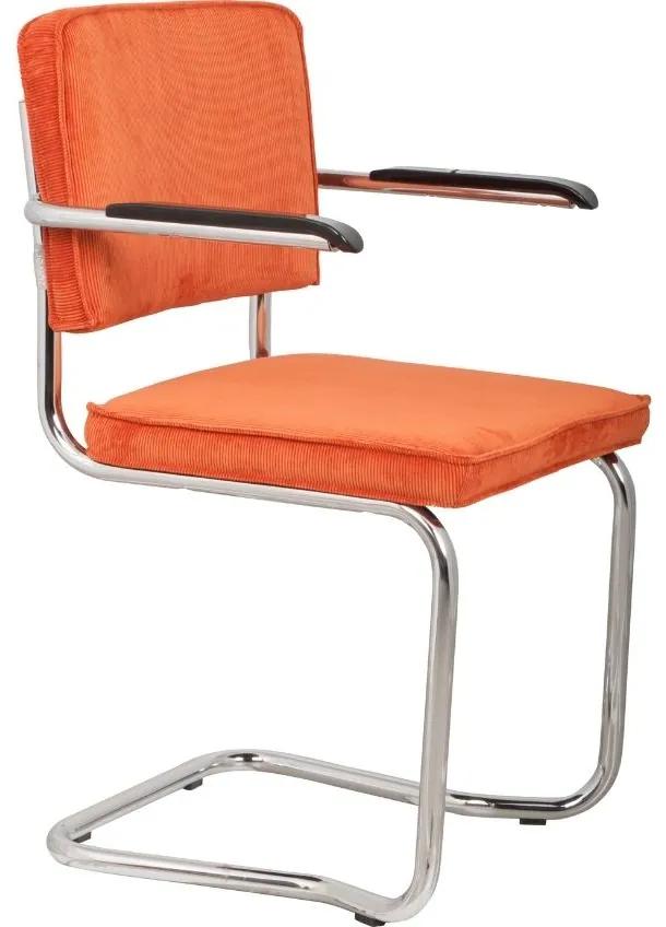 OnaDnes -20% Oranžová manšestrová jídelní židle ZUIVER RIDGE KINK RIB s područkami