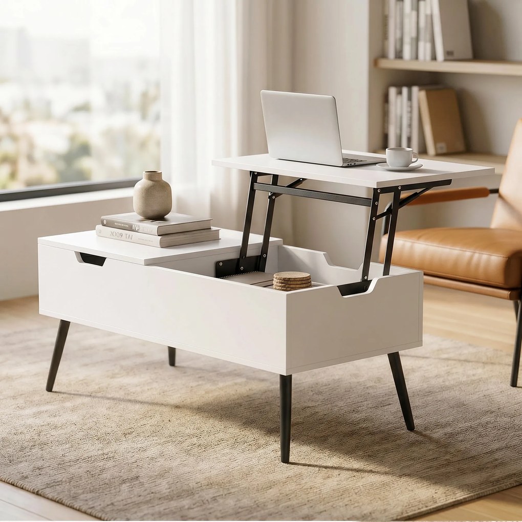 HOMCOM konferenční stolek s výsuvnými deskami a skrytým úložným prostorem, moderní kovové nohy — 100 x 50 x 43,6–58 cm, bílý