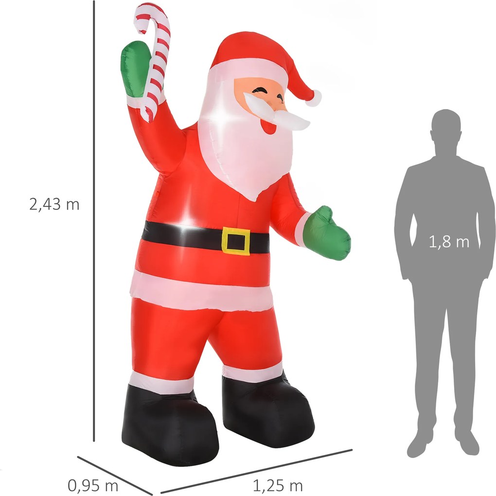 HOMCOM Nafukovací vánoční dekorace, 2,4 m Santa Claus s LED osvětlením, cukrová hůlka pro vnitřní i venkovní použití
