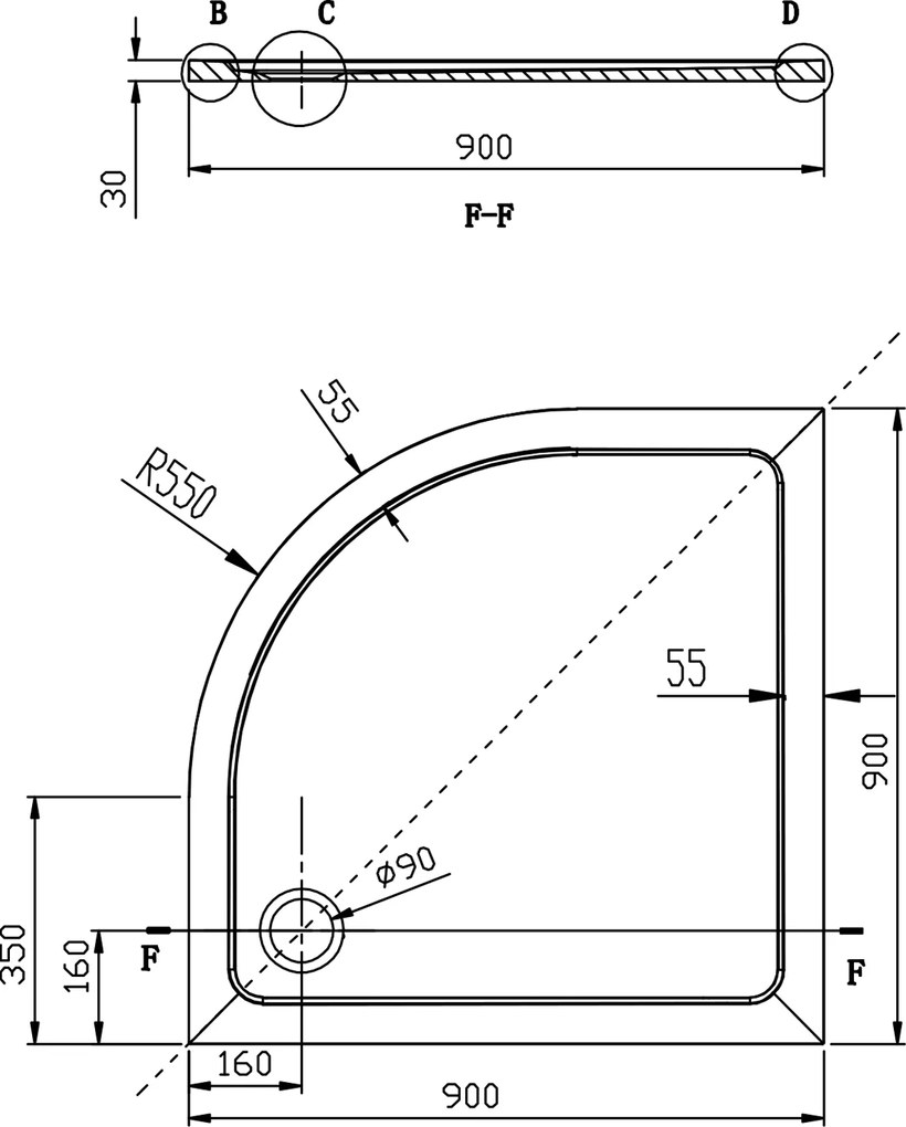 Aqualine Tecmi PQ559 čtvrtkruhová sprchová vanička 90 x 90 x 3 cm litý mramor