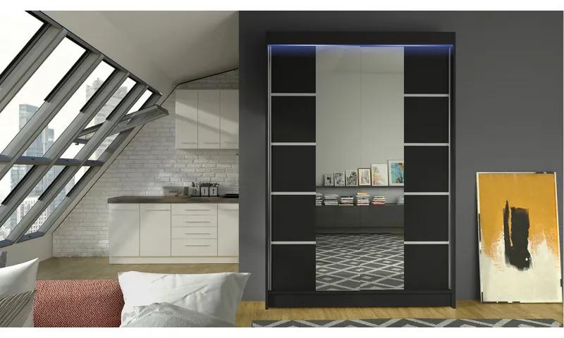 Posuvná skříň Parys V, Barva: černý + bílá + zrcadlo, Osvětlení: osvětlení LED RGB - barevné