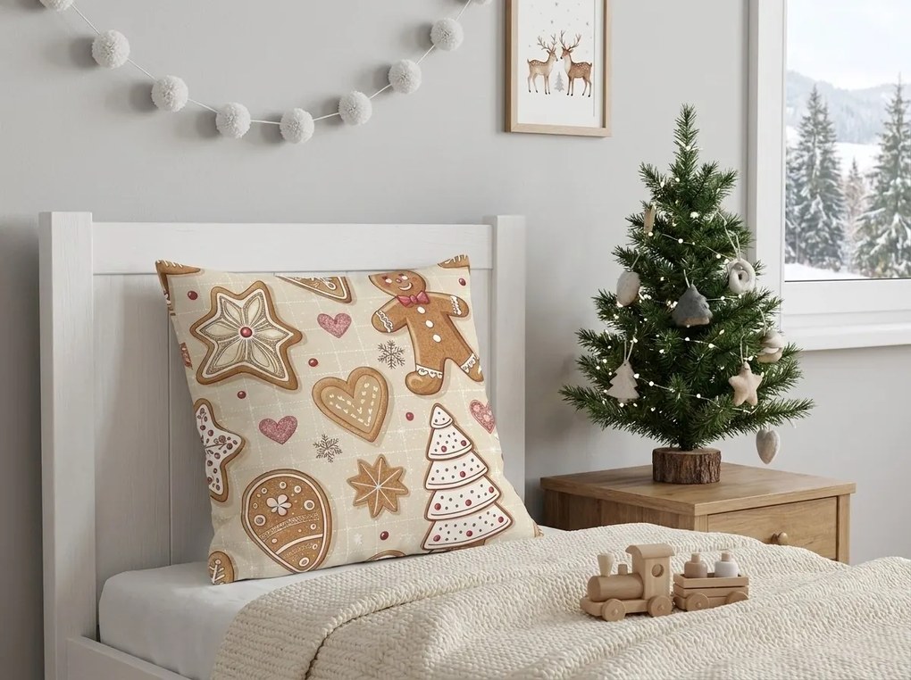 Bavlněný povlak na polštář GINGERBREAD JOY 45x45 cm, béžový