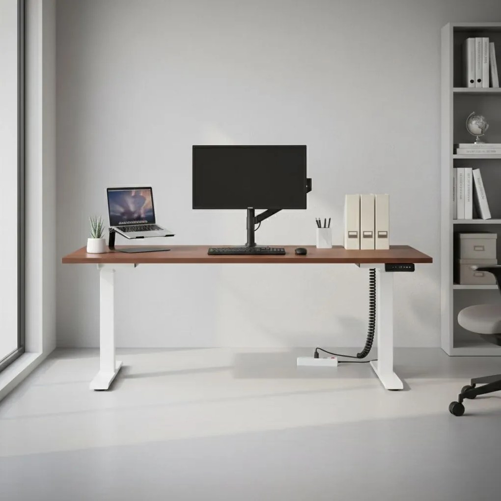 Výškově nastavitelný stůl OfficeTech C, 180 x 80 cm, bílá podnož, ořech