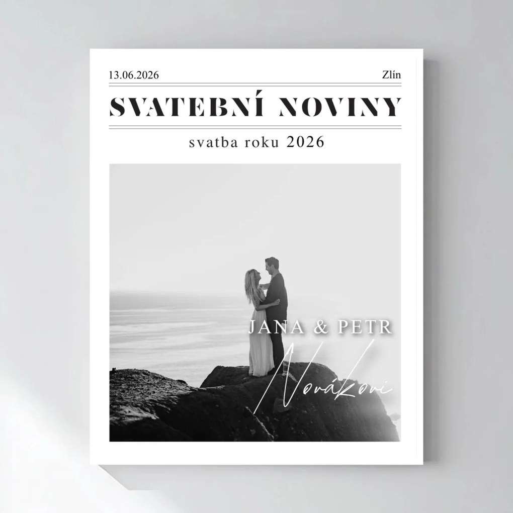 Personalizovaný magický fotoobraz v rámu - 40x50 - svatební noviny