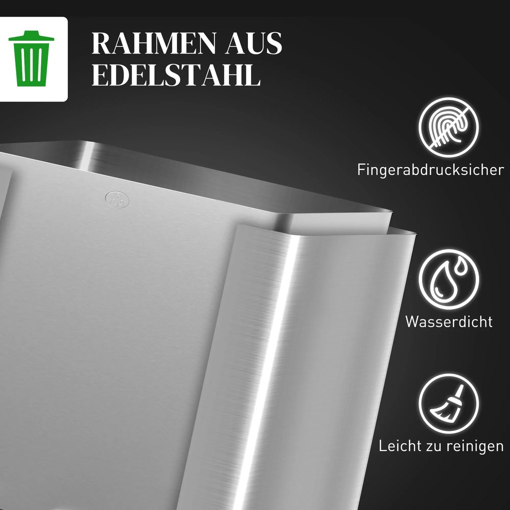 HOMCOM Kuchyňský Odpadkový Koš s 3 Přihrádkami 3x15L Nerezová Ocel s Měkkým Uzavíráním a Odnímatelnými Přihrádkami pro Recyklaci Odpadu