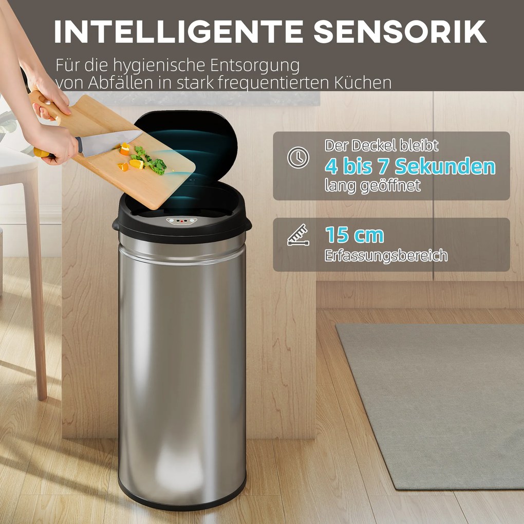 HOMCOM 42l senzorem řízený odpadkový koš s funkcí Soft-Close, bezdotykový odpadkový koš z nerezové oceli pro hygienické kuchyně 851-048V00SR