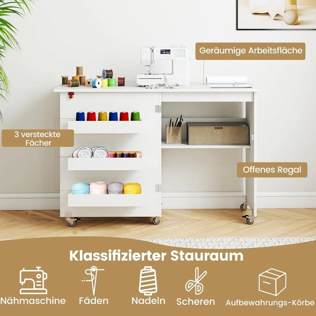 Costway Pojízdný skládací šicí stolek s úložnými boxy, bílý