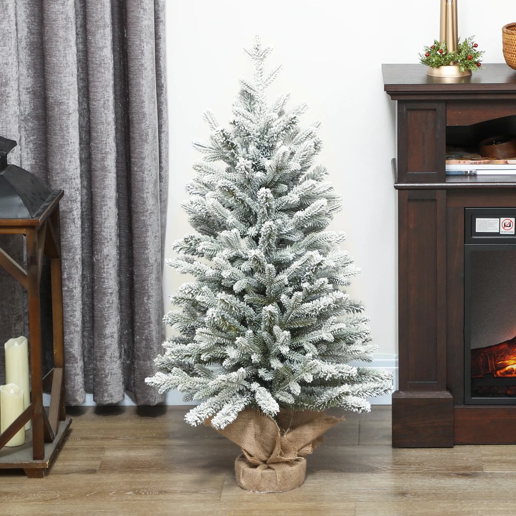 HOMCOM Mini umělý vánoční stromek 90 cm, umělý smrček se sněhem, 486 špiček, cementový základ s plátěným potahem