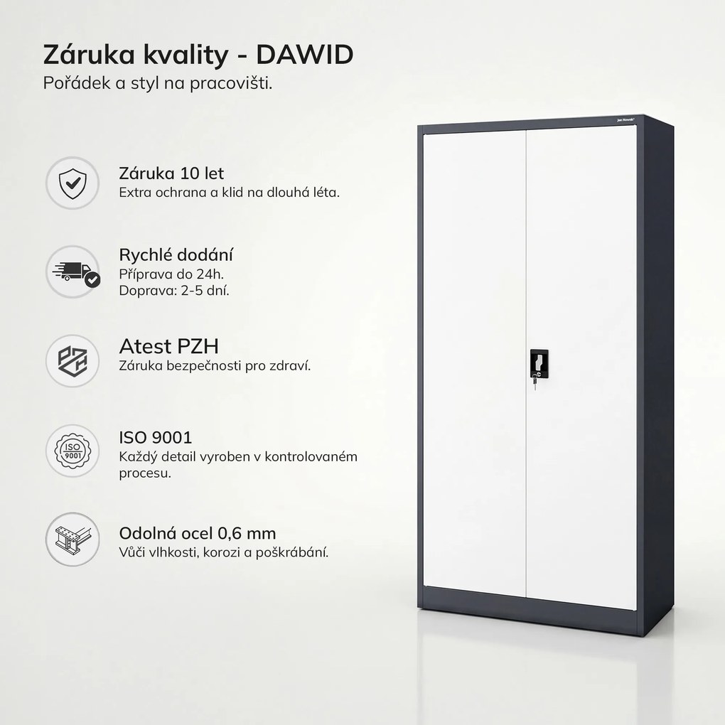 Víceúčelová kovová šatní skříň s tyčí na ramínka, antracitovo-bílá, 900x1850x450 mm: DAWID