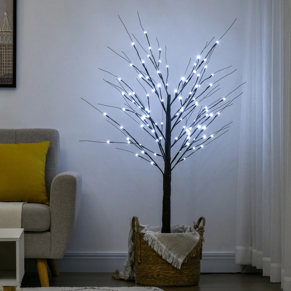 HOMCOM 150 cm umělý březový stromek s 96 LED světly a umělým sněhem pro vánoční výzdobu a oslavy, ideální na večírky, svatby