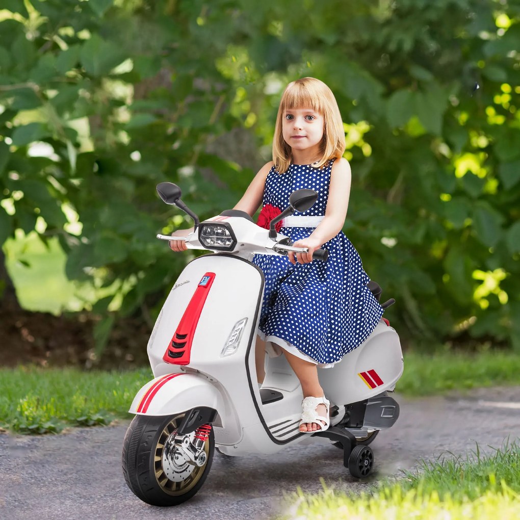 AIYAPLAY 12V Elektrická Motorka pro Děti 3–6 Let s Licencí Vespa, Tréninkovými Koly, Předním Světlem a Hudbou, Hračková Motorka z PP a Kovového Materi