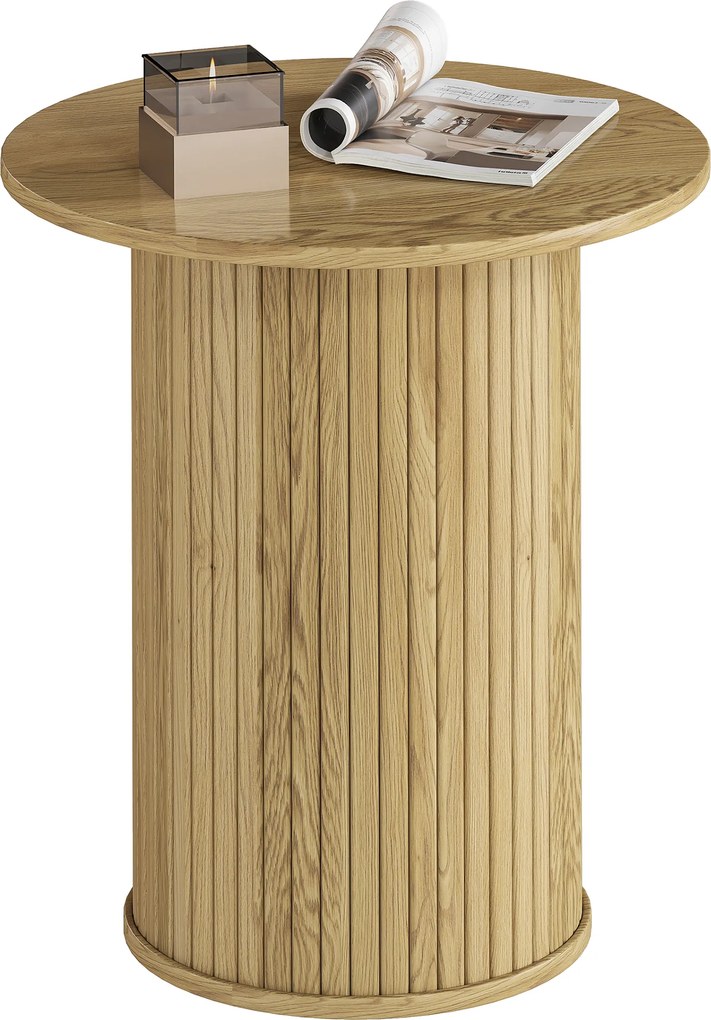 HOMCOM kulatý odkládací stolek Ø 48 cm, konferenční stolek s žlábkovanými nohami pro obývací pokoj, ložnici nebo malé prostory, Dub