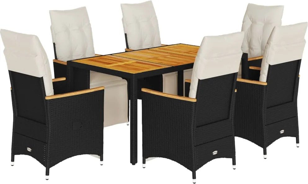 7dílný zahradní bistro set s poduškami černý polyratan 3276962