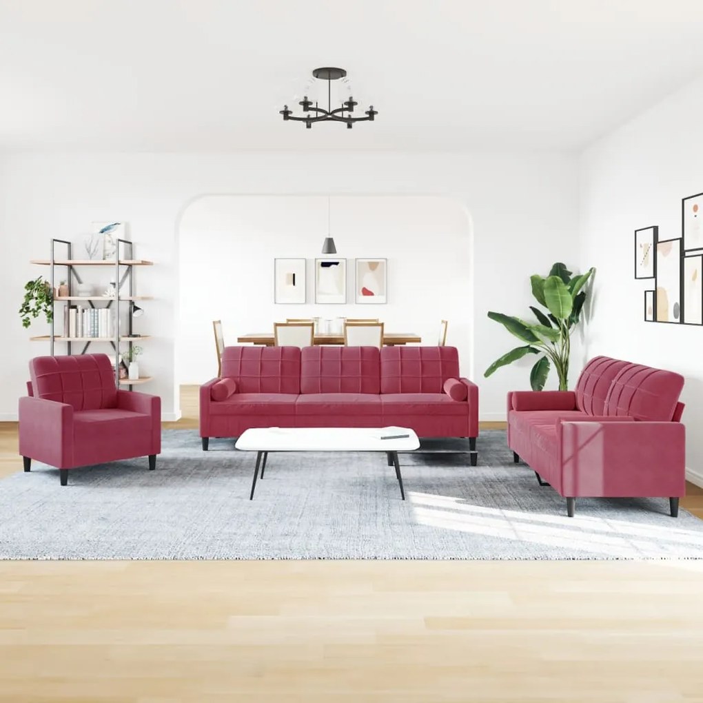 3dílná sedací souprava s poduškami a podhlavníky vínová samet 3278455