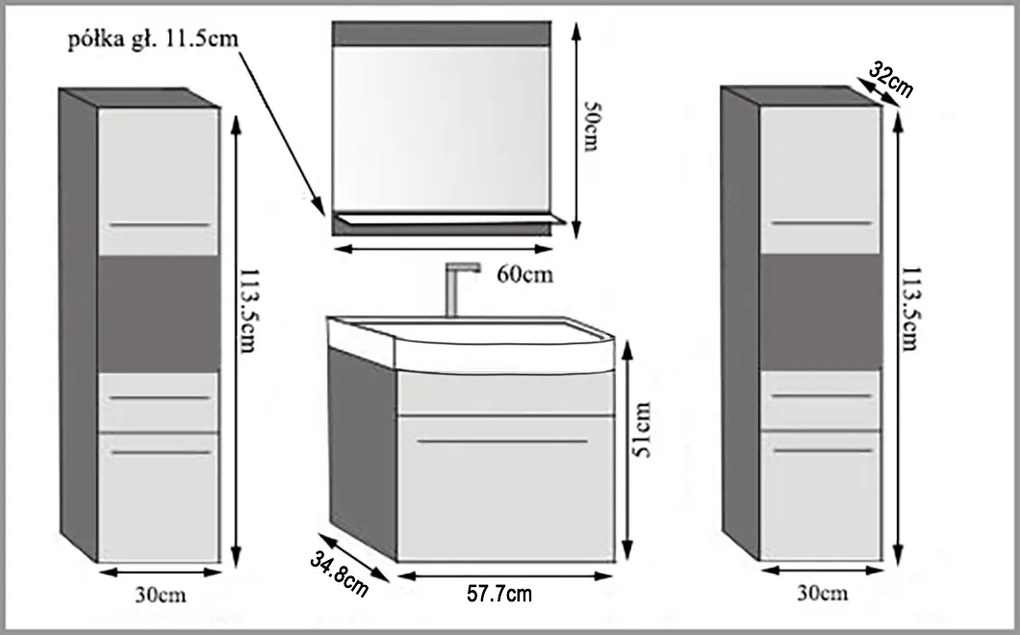 Koupelnový nábytek skříňky s umyvadlem a zrcadlem šedá antracit grafit ROD PRIMO M 6/0/W/SR/0/ZINC