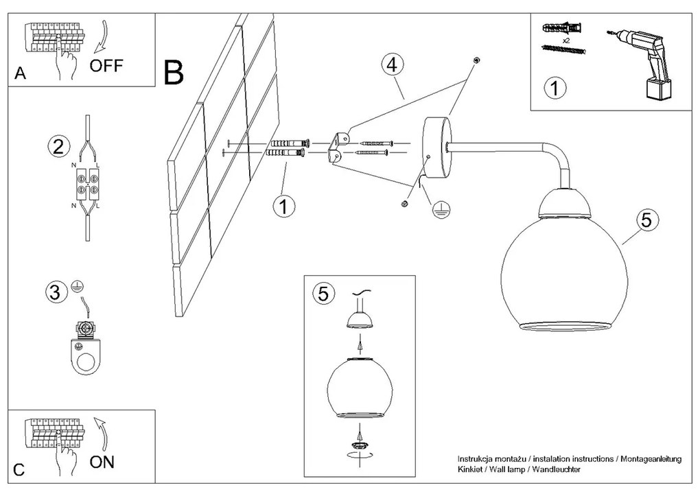 Nástěnné svítidlo Alino, 1x grafitové skleněné stínítko
