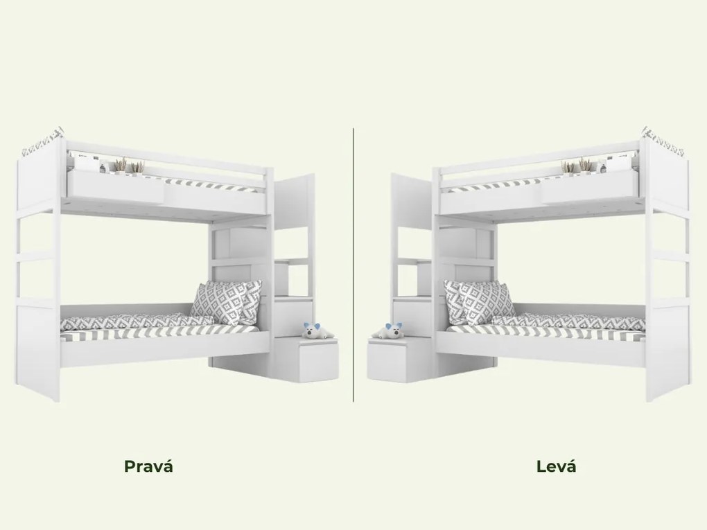 Bílá dětská patrová postel SIMONE s úložnými schody a policí 90x200 cm Zvolte šuplík: Přistýlka 90x190 cm, Zvolte stranu: Vlevo