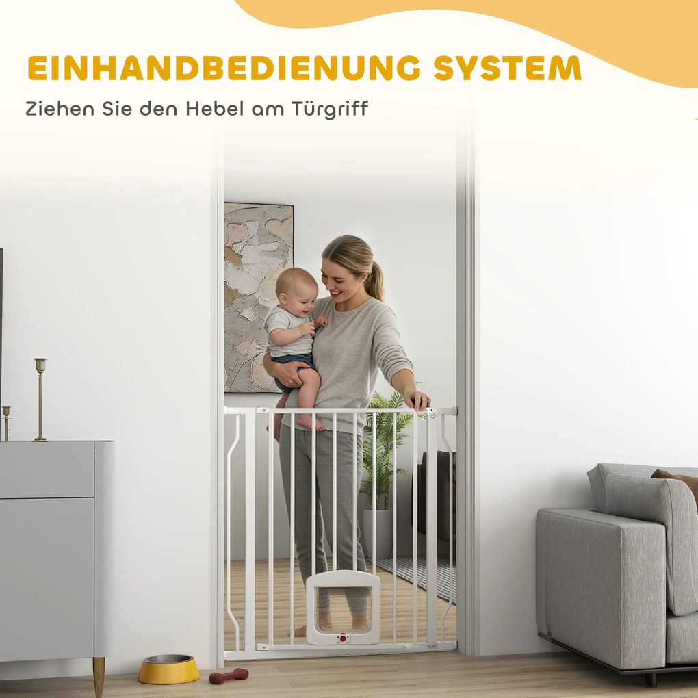 PawHut rozšiřitelná bezpečnostní brána pro psy, 75–85 cm — do dveří a na schodiště, malá dvířka, tlakové uchycení, dvojité zamykání, bílá