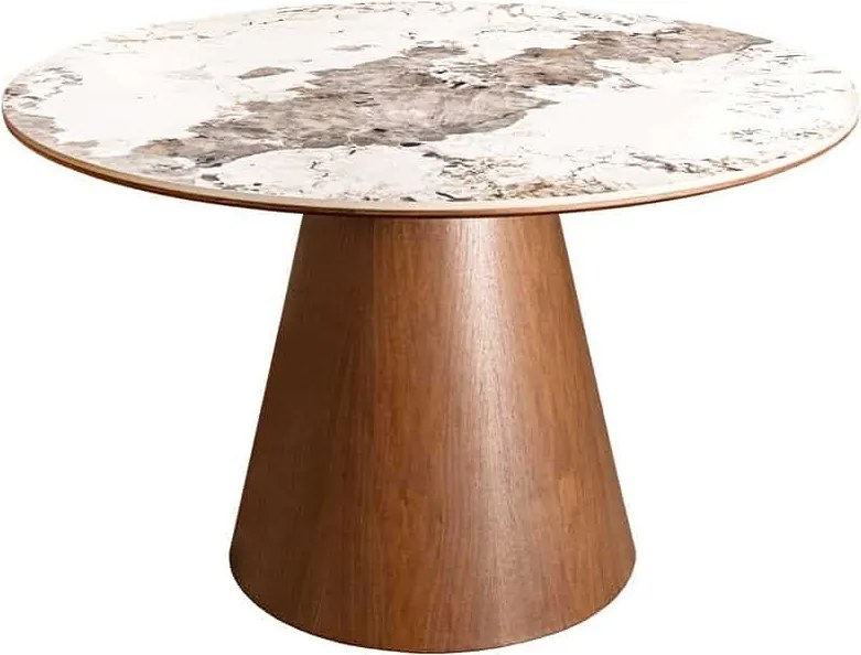 Kulatý keramický jídelní stůl Parthenia 120 cm bílý mramor / ořech